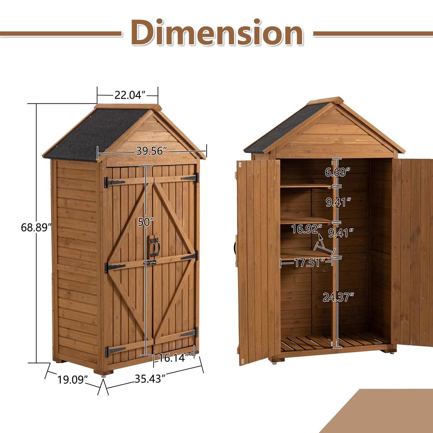 Outdoor Wooden Storage Cabinet, Garden Wood Tool Shed, Outside Wooden Shed Closet with 3 Detachable Shelves, Waterproof Roof, and Latch for Yard Patio Lawn Deck (Natural)