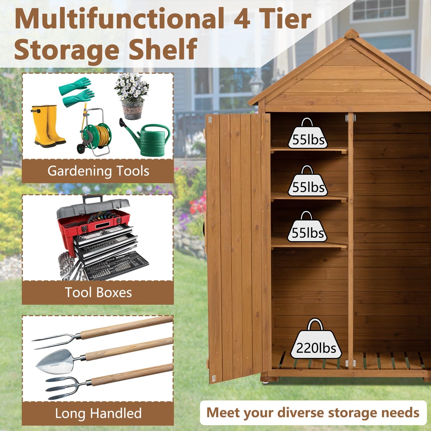 Outdoor Wooden Storage Cabinet, Garden Wood Tool Shed, Outside Wooden Shed Closet with 3 Detachable Shelves, Waterproof Roof, and Latch for Yard Patio Lawn Deck (Natural)