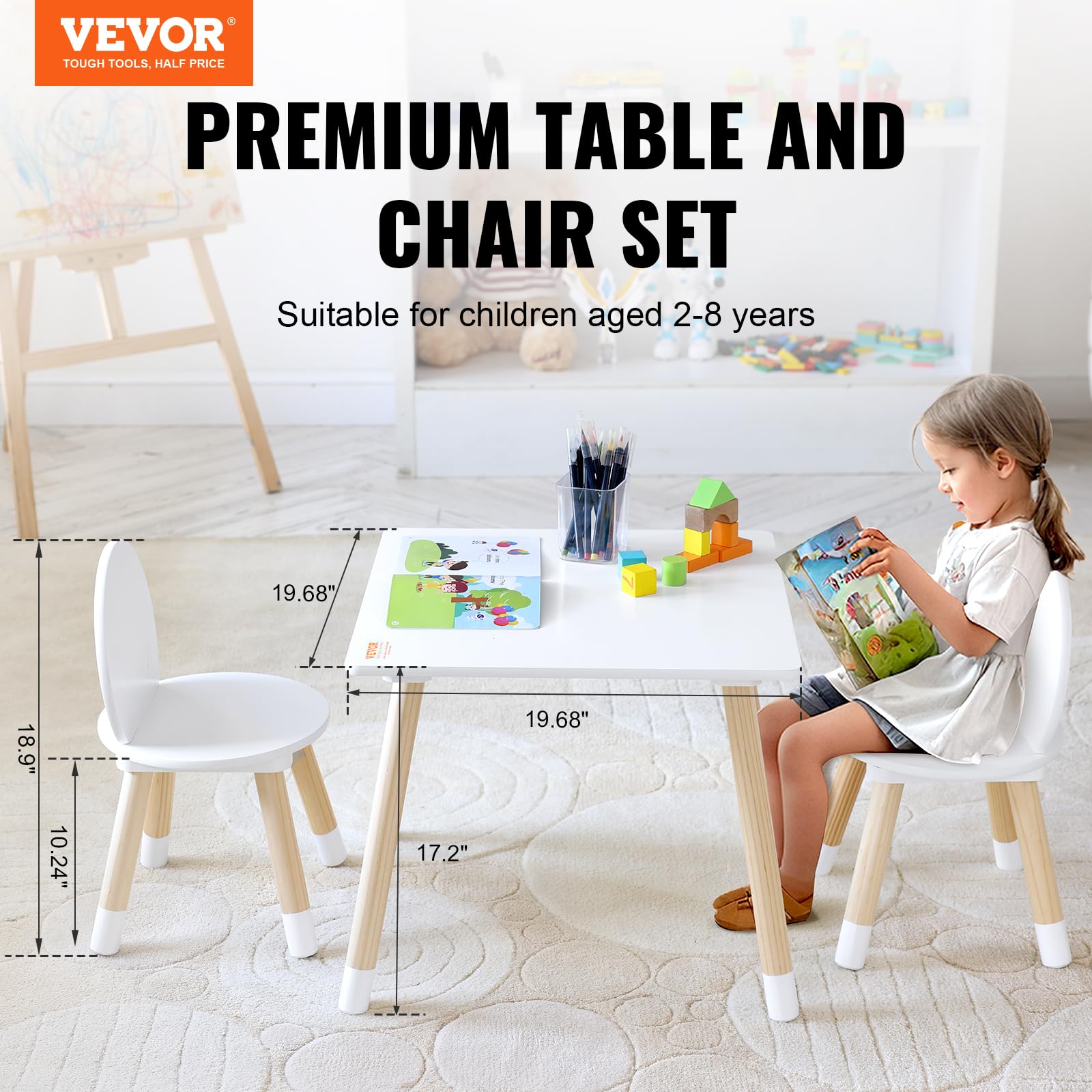 VEVOR Kids Table and Chairs, Toddler Table and Chair Set, Children Wooden Multi-Activity Table for Play, Art, Craft, Reading, Learning, Eating, 1 Table and 2 Chairs