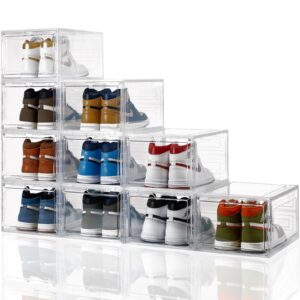 parkoo large clear shoe organizer, thicken plastic shoe storage with magnetic door, 10 pack shoe boxes stackable, shoe organizer for closet, shoe rack sneaker container bin, fit up to us size 12