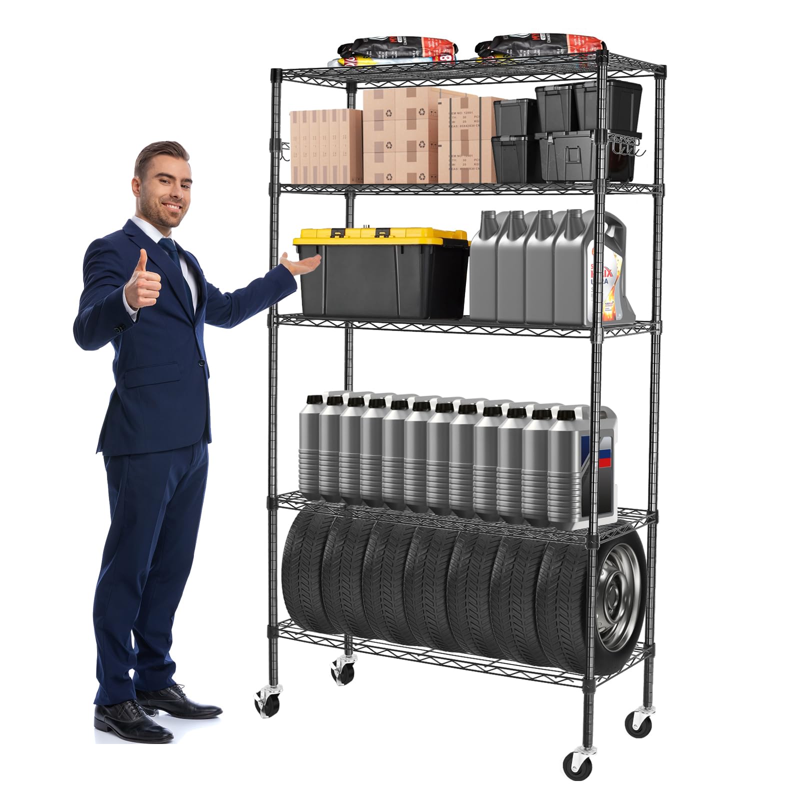 Storage Shelves 75"H Wire Shelving Unit with Wheels 1750LBS Heavy Duty Metal Shelves for Storage Adjustable 5-Tier Garage Storage Rack Kitchen Pantry Shelves Rolling Shelf on Casters, 14"D x36"W x75"H