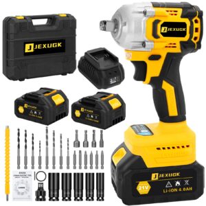 JEXUGK 21V Compact Cordless Impact Wrench Set, 1/2" 450Ft-lbs (600Nm) Power Impact Gun Kit, Brushless 3600RPM, 2 x 4.0Ah Batteries & Fast Charger & 5 Sockets, Pistola De Impacto for Car Home