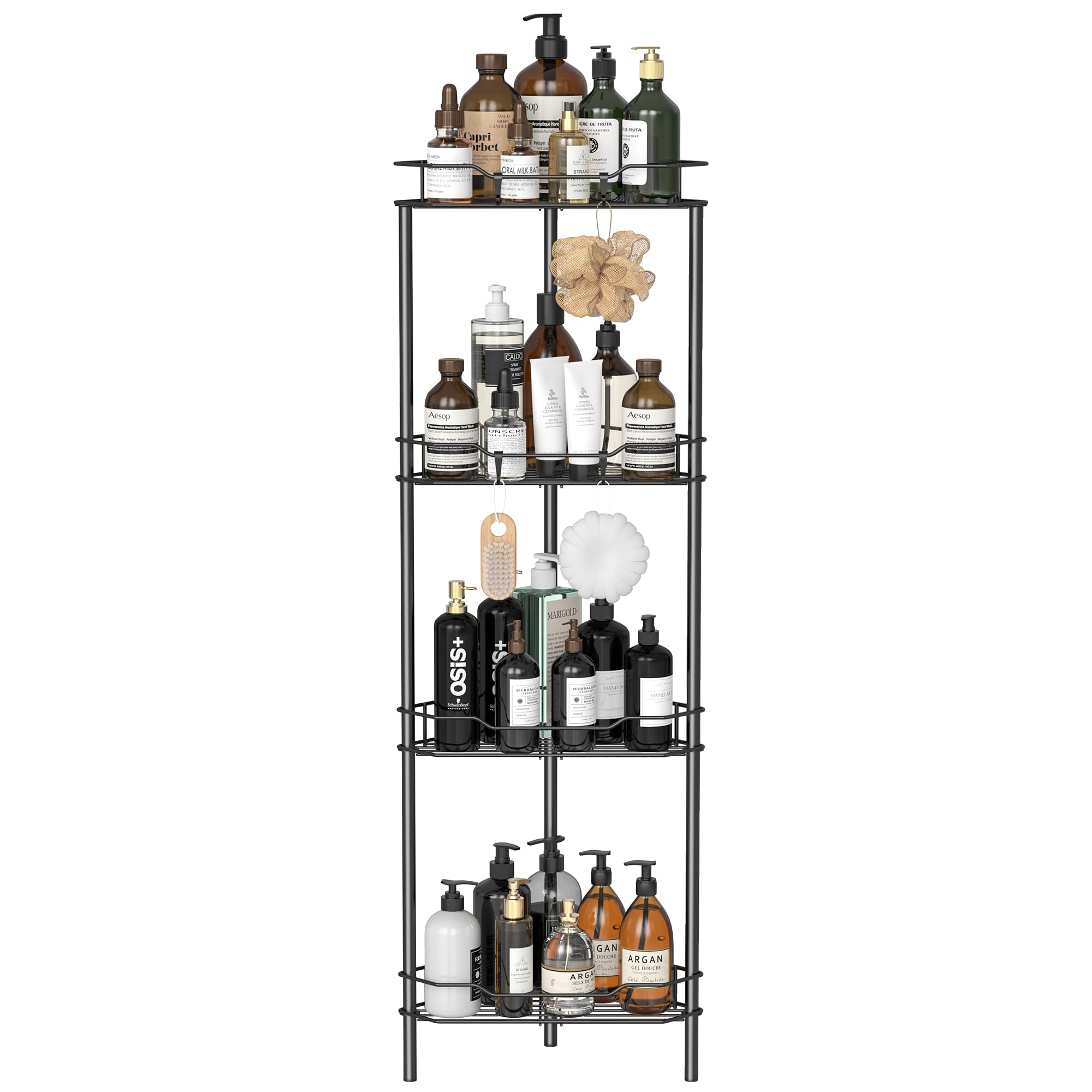 Hleelomi 4-Tier Corner Free Standing Shower Caddy Organizer Rack with Hooks, Adhesive-Fixed Floor Shower Tower Shelf, Black