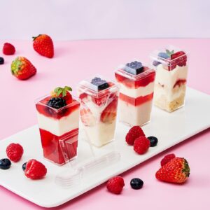 YANYOPPINT 50 Pack 3 oz Square Mini Dessert Cups with Lids and Spoons Square Tall Clear Dessert Shooter Plastic Parfait Appetizer Cups Reusable Serving Bowl for Party