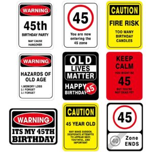 wernnsai 45th birthday party decorations - 9pcs wall signs funny tags for adults 45 years old party decor 45 zone table centerpieces yellow caution logos on door windows banner tea party supplies