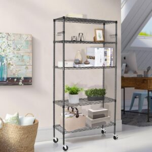 Storage Shelves 75"H Wire Shelving Unit with Wheels 1750LBS Heavy Duty Metal Shelves for Storage Adjustable 5-Tier Garage Storage Rack Kitchen Pantry Shelves Rolling Shelf on Casters, 14"D x36"W x75"H