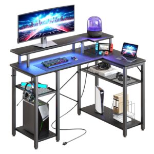 treetalk gaming desk with power outlets & music strip lights, l-shaped desk with 2-layer storage on both sides, large monitor stand for office home