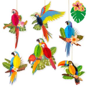 6 pieces hawaiian tropical parrot honeycomb decorations, luau party decorations paper hanging decorative birds for summer rainforest tiki bar beach party decoration supplies indoor outdoor decor