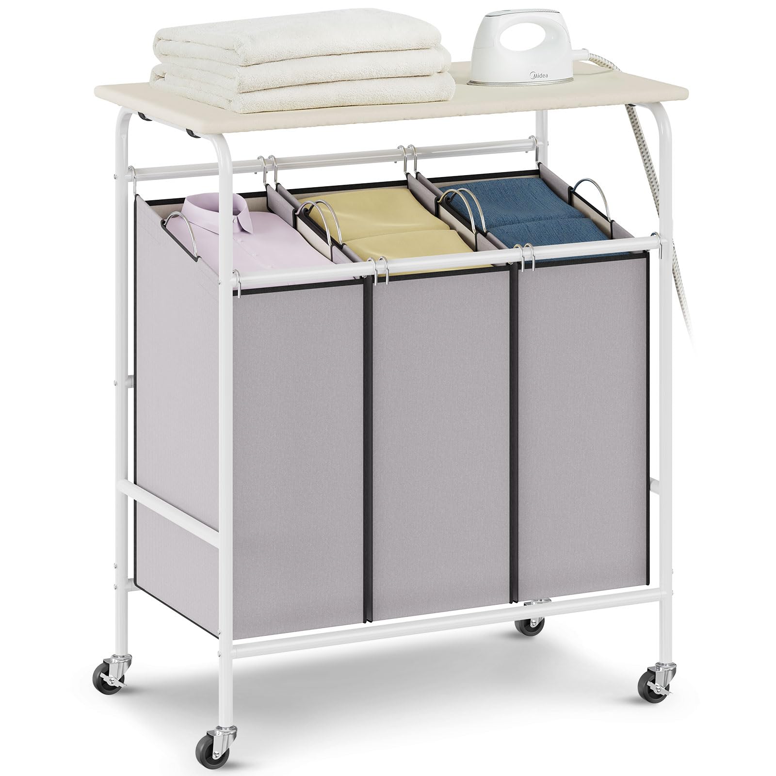 VEVOR 3-Section Laundry Sorter Cart with Ironing Board, Laundry Hamper with Heavy Duty Lockable Wheels and 3 Removable Bag, Rolling Laundry Basket Sorter for Clothes Storage