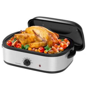 14 quart roaster oven with self-basting lid, turkey roasting pan with removable roasting rack, turkey defrost & warm function, adjustable temperature, stainless steel, silver