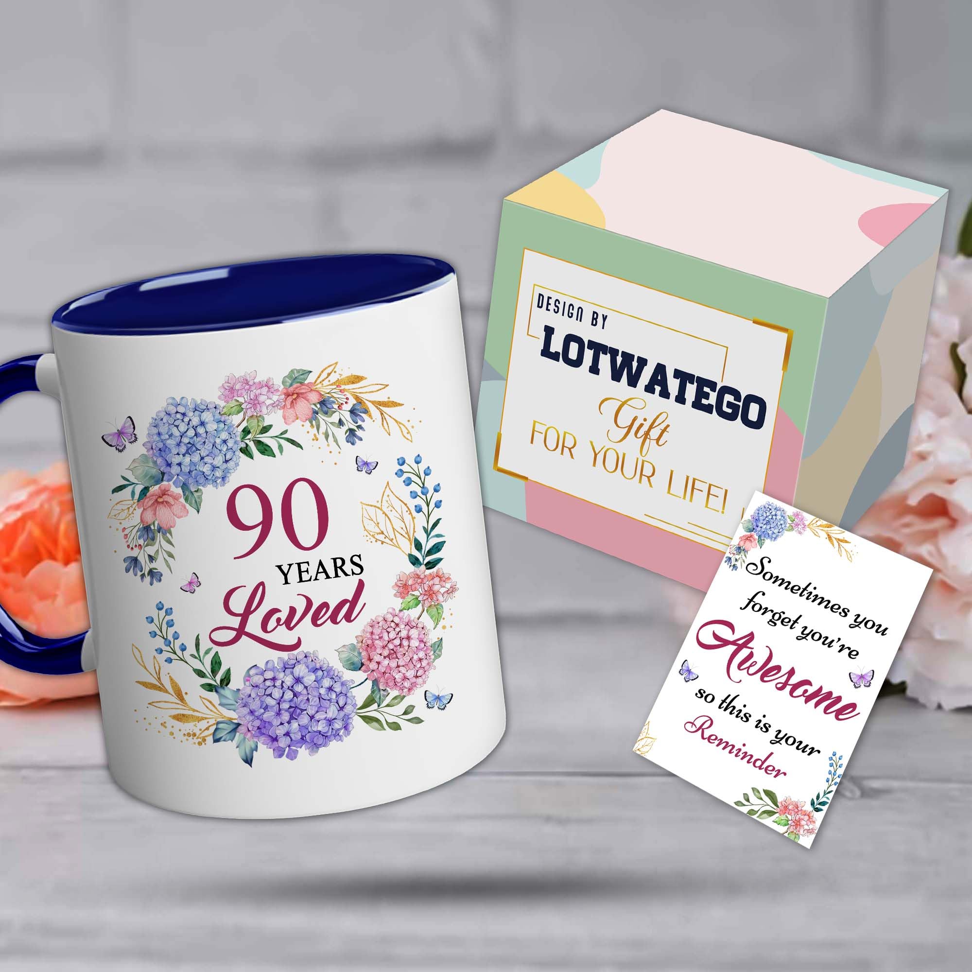 LOTWATEGO 90th Birthday Gifts For Women - 1934 Birthday Gifts For Women - 90 Years Loved Mug - Gifts For Women Turning 90-90 Year Old Gifts For Women, Mom, Grandma, Aunt, Sister - Accent Navy 11OZ