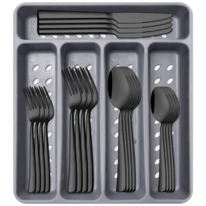 21-piece black silverware set with organizer tray stainless steel cutlery utensil set kitchen spoons and forks set tableware set heavy duty flatware set service for 4 forks spoons and knives set