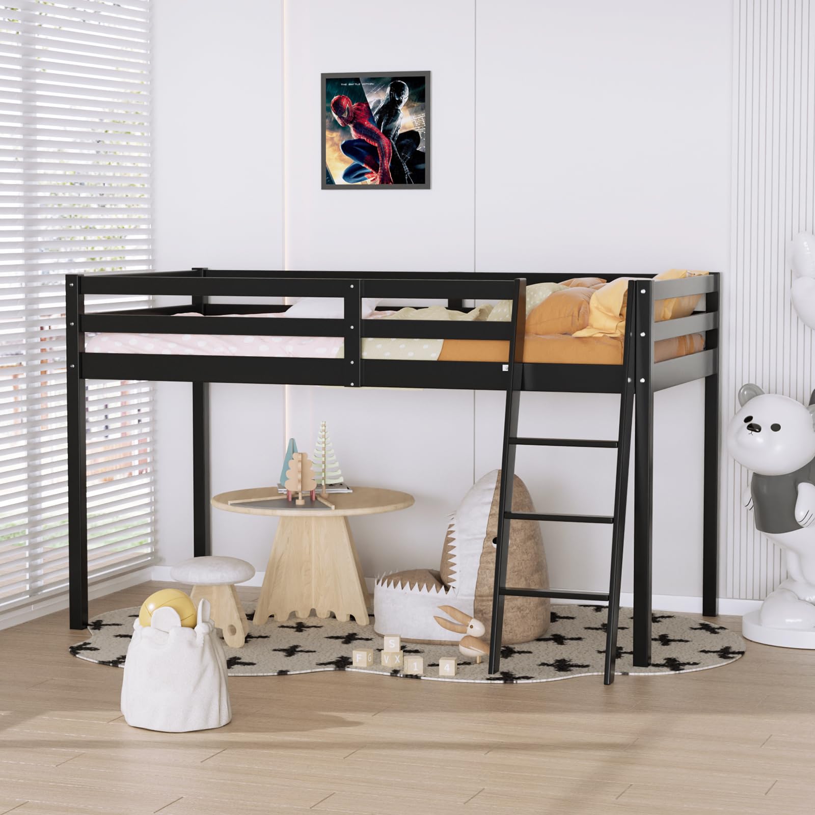 Bonnlo Low Loft Bed Twin Size with Inclined Stairs, Junior Loft Bed with High Guard Rail for Kids/Young Teens/Adults, Solid Wood Low Bunk Bed Twin Size Black, No Box Spring Required