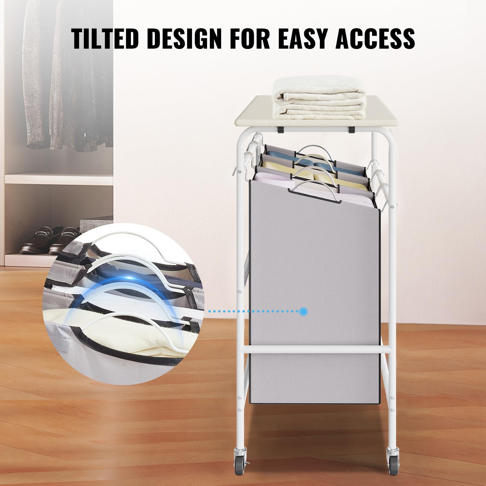 VEVOR 3-Section Laundry Sorter Cart with Ironing Board, Laundry Hamper with Heavy Duty Lockable Wheels and 3 Removable Bag, Rolling Laundry Basket Sorter for Clothes Storage