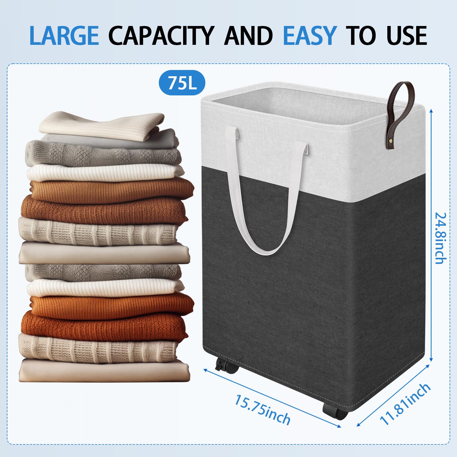 HomeHacks Laundry Basket with Wheels, Rolling Laundry Hamper, Collapsible & Waterproof Clothes Hamper, Narrow Corner Clothes Bins with Extended Handles for Clothes in the Family & Dorm (75L, Grey)