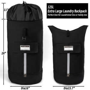 LUCKIPLUS Backpack Laundry Bag, Extra Large Laundry Hamper Bag with Shoe Compartment & 3 Pockets Black Sturdy Hanging Laundry Travel Bag with Straps College Dorm Room Essentials for Camp Apartment