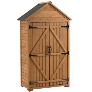 outdoor wooden storage cabinet, garden wood tool shed, outside wooden shed closet with 3 detachable shelves, waterproof roof, and latch for yard patio lawn deck (natural)