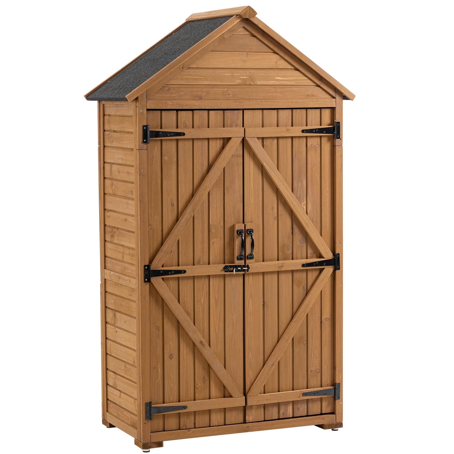 Outdoor Wooden Storage Cabinet, Garden Wood Tool Shed, Outside Wooden Shed Closet with 3 Detachable Shelves, Waterproof Roof, and Latch for Yard Patio Lawn Deck (Natural)