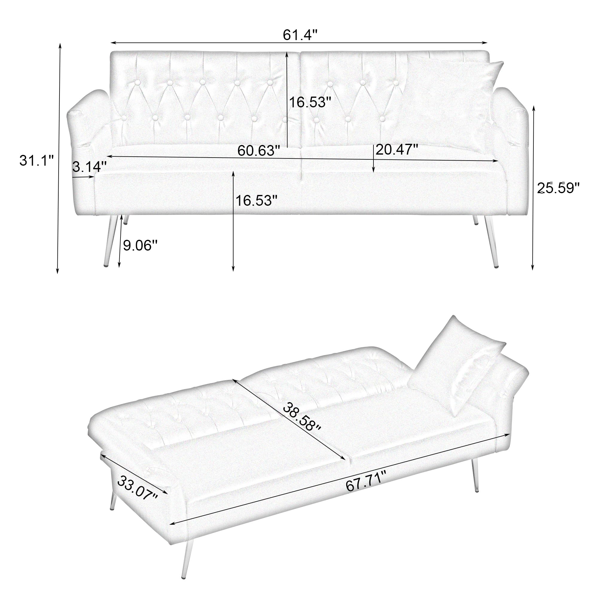 Modern PU Leather Futon Sofa Bed ,Convertible Upholstered Couch Bed Loveseat Sleeper, Folding Small Couches Loveseat, Reclining Sofa, Foldable Roll Arms with Pillow for Small Spaces (Green PU)