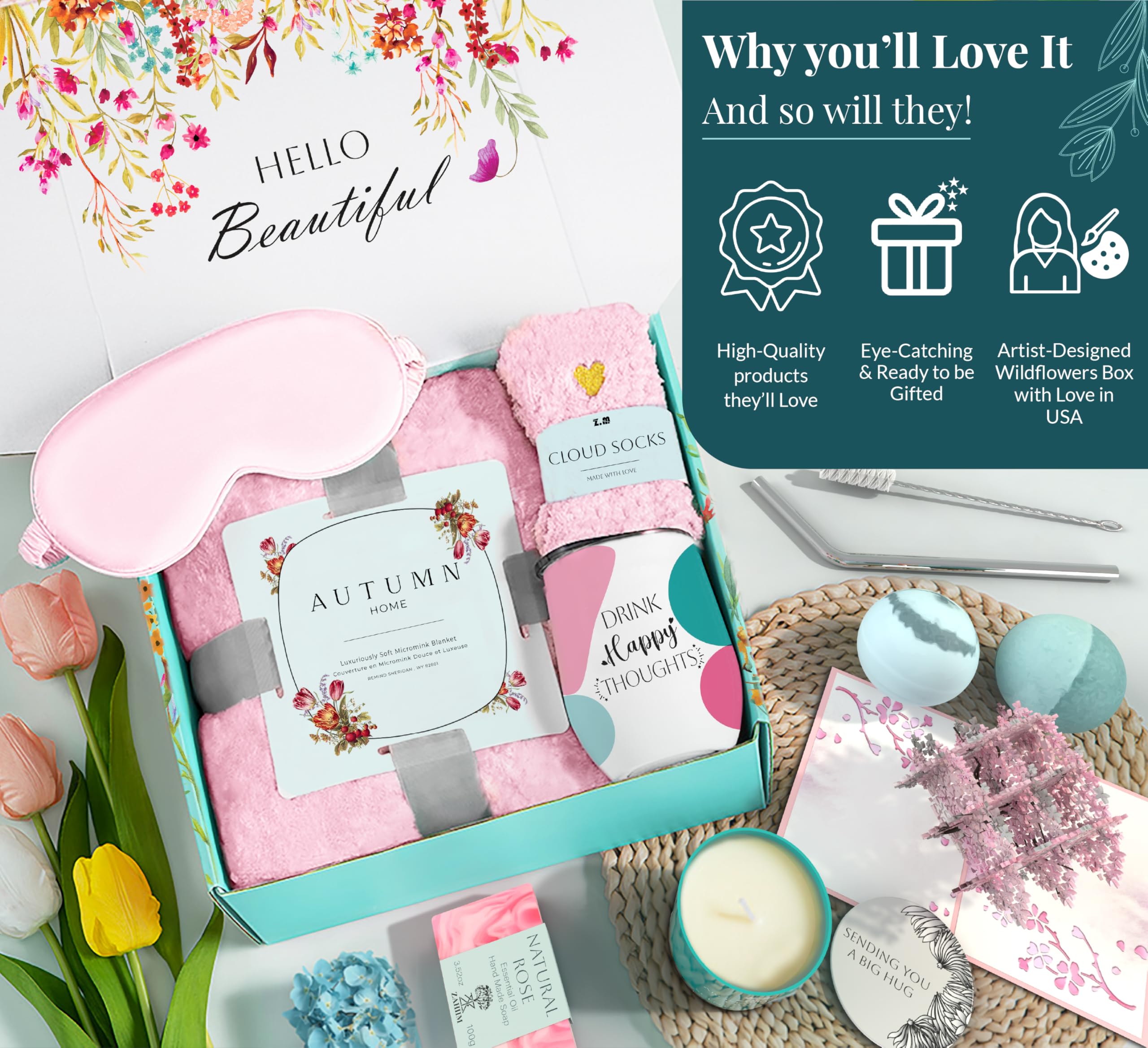 Comforting Get Well Soon Gift Baskets for Women -10pc Get Well Gifts for Women After Surgery, Thoughtfully Curated Thinking of You Self Care Package with Blanket, Tumbler, Eye Mask, Soap, Socks & More