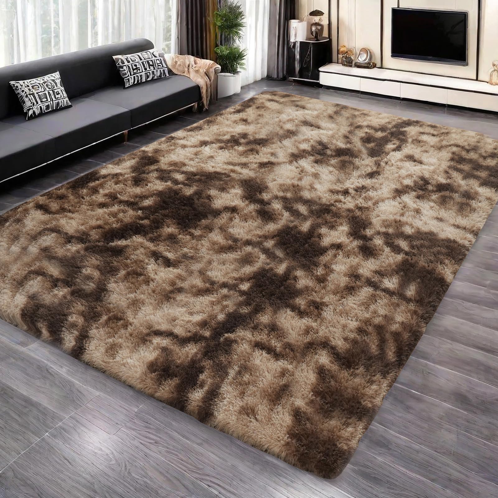 Large Shag Area Rugs 8x10 Feet, High Pile Fuzzy Rugs for Living Room, Ultra Soft Fluffy Furry Rugs for Bedroom, Anti-Skid Indoor Carpet Nursery Rugs for Kids Room Home Decor, Brown