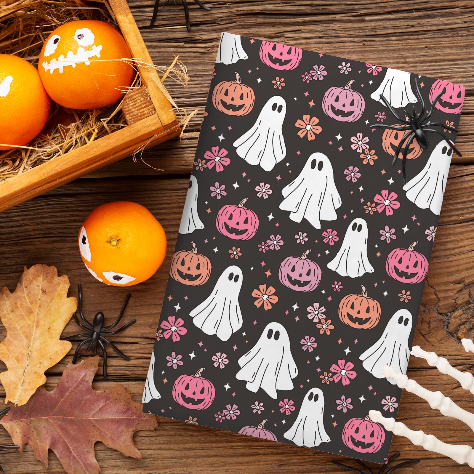 JarThenaAMCS 8 Sheet Halloween Little Boo Wrapping Paper -Not Roll- Pumpkin Ghost Gift Wrap Paper Folded Flat Art Paper for DIY Crafts Birthday Party Supplies, 19.7 x 27.6 Inch