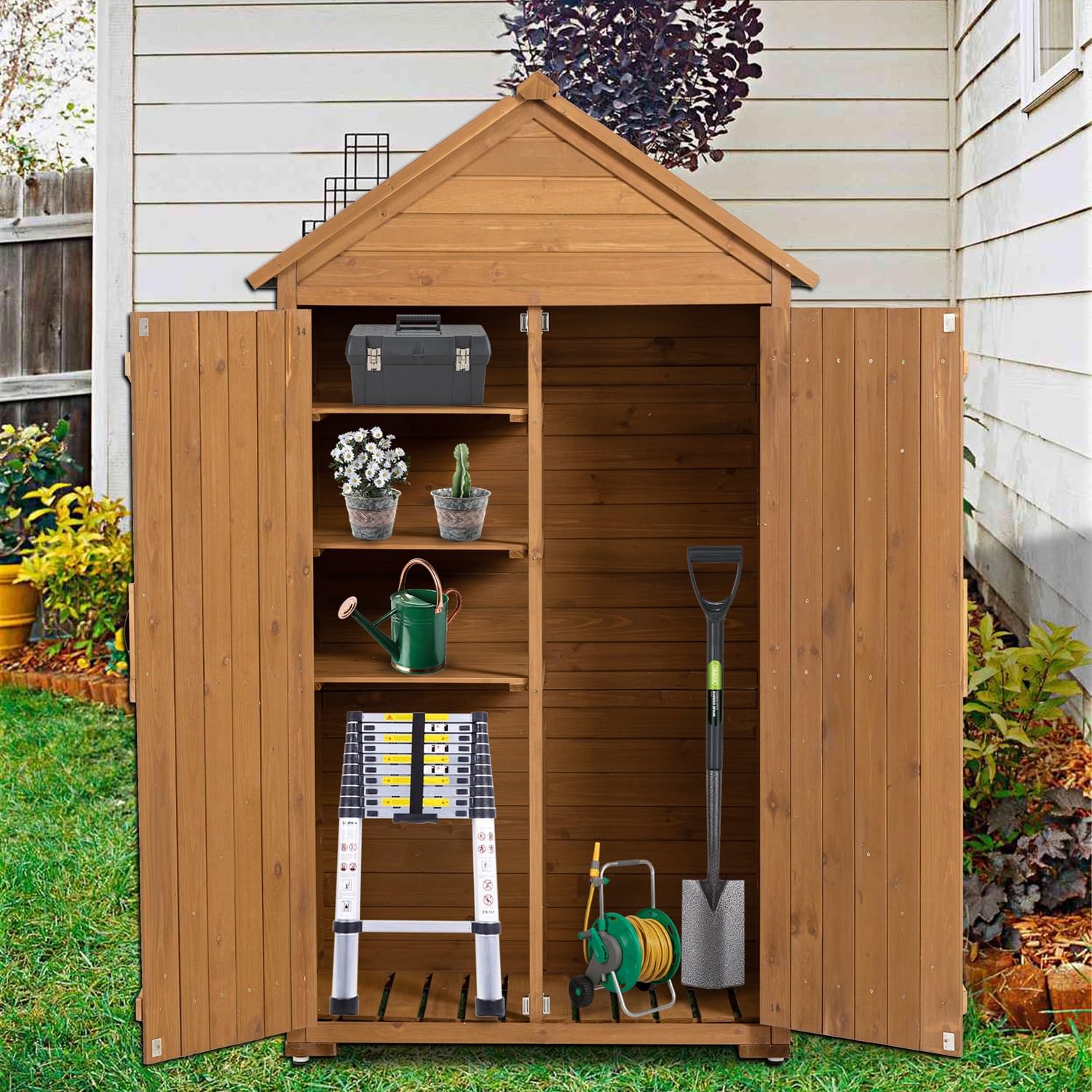 Outdoor Wooden Storage Cabinet, Garden Wood Tool Shed, Outside Wooden Shed Closet with 3 Detachable Shelves, Waterproof Roof, and Latch for Yard Patio Lawn Deck (Natural)