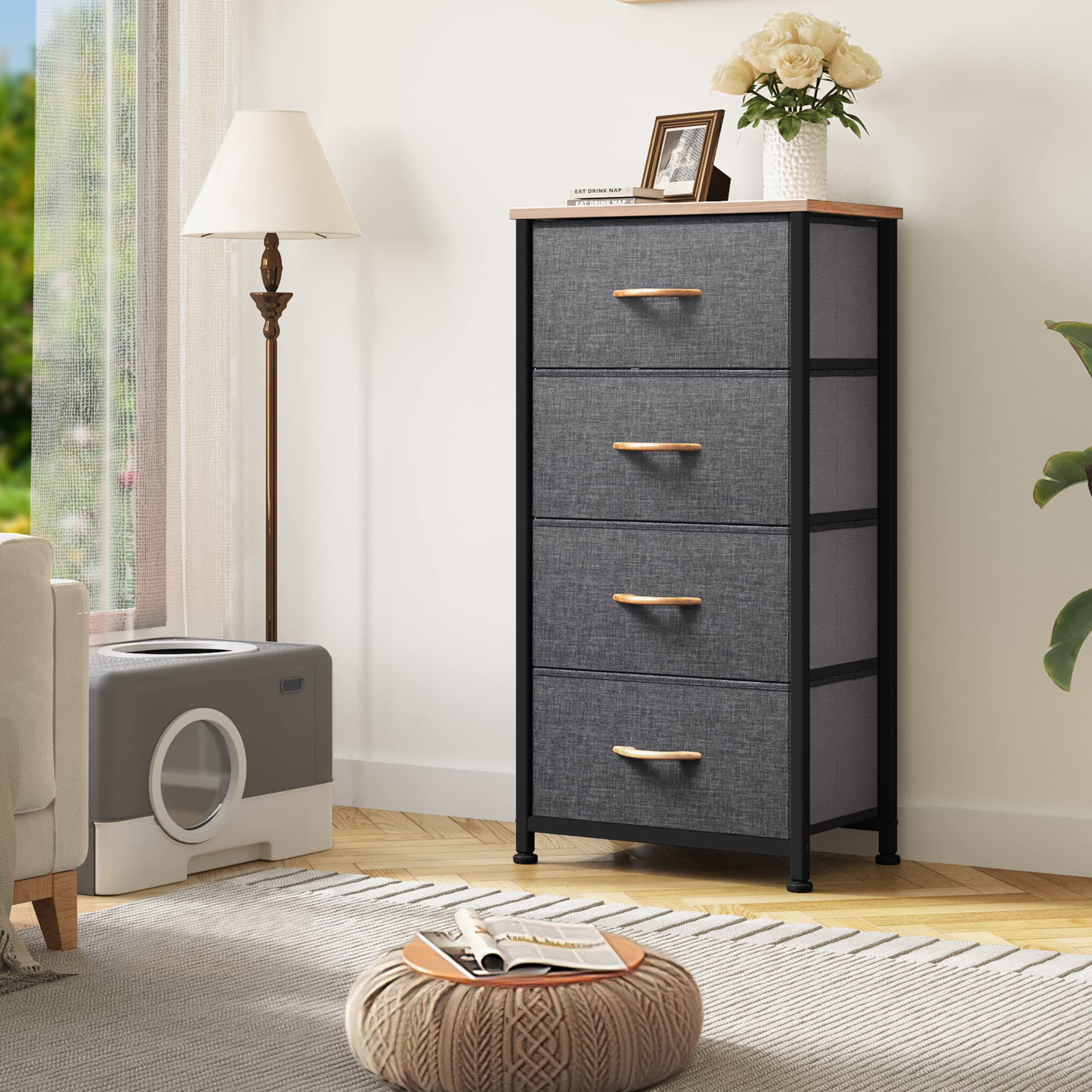 DWVO 4 Drawers Dresser, Small Dresser for Bedroom, Fabric Storage Tower, Chest of Drawers, Organizer Unit for Closets, Living Room, Sturdy Steel Frame, Wooden Top, Easy Pull Handle