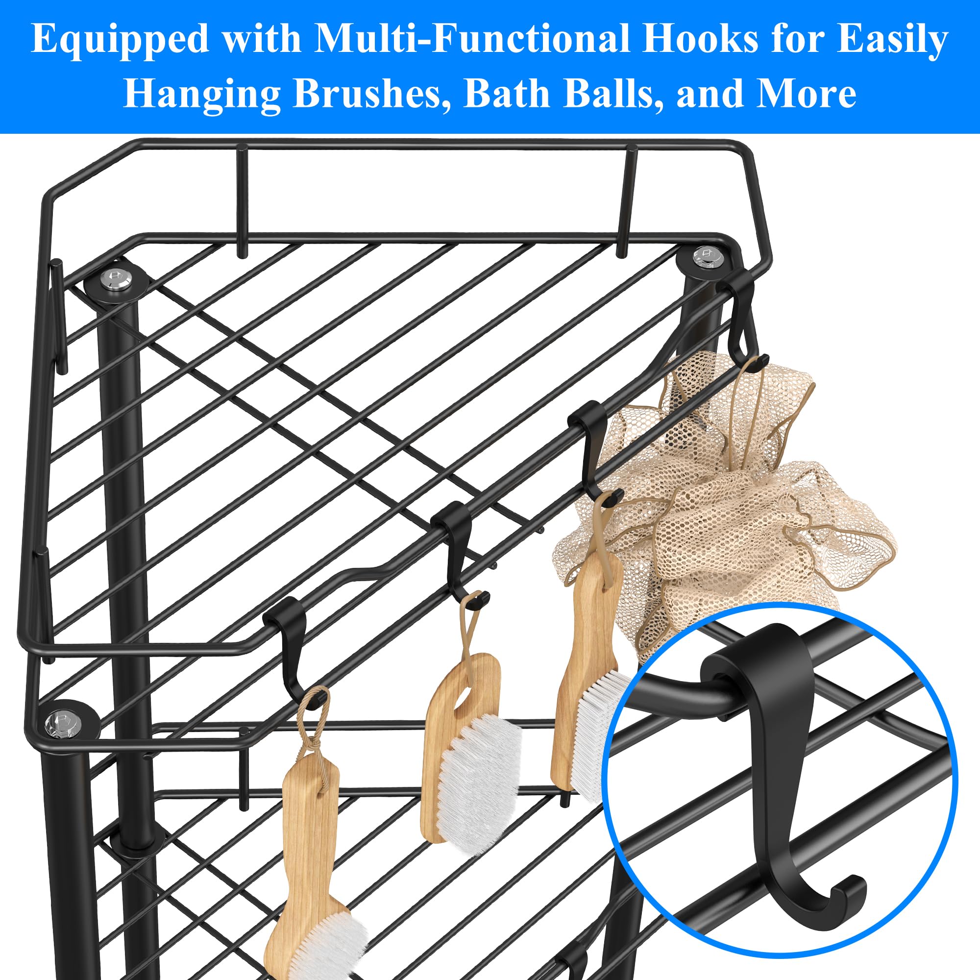 Hleelomi 4-Tier Corner Free Standing Shower Caddy Organizer Rack with Hooks, Adhesive-Fixed Floor Shower Tower Shelf, Black