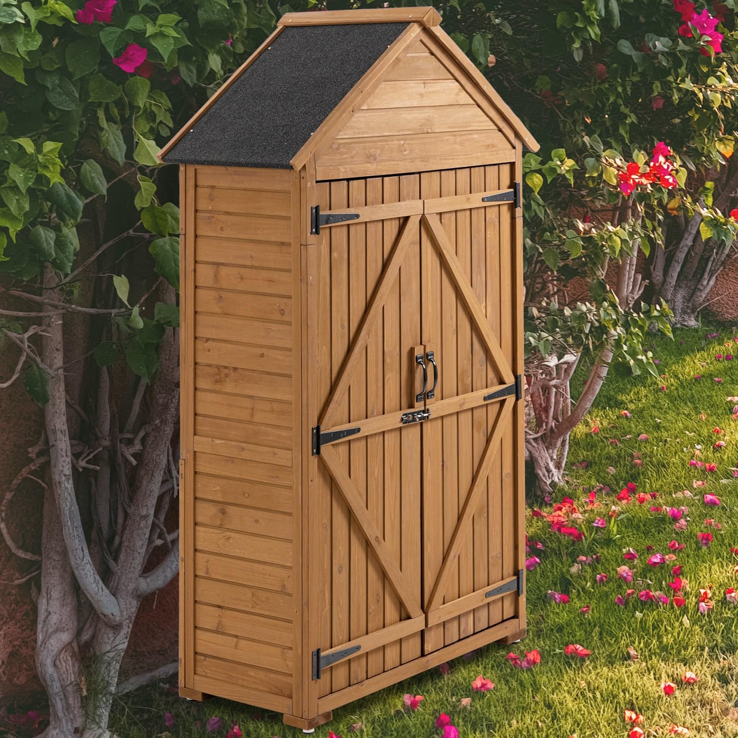 Outdoor Wooden Storage Cabinet, Garden Wood Tool Shed, Outside Wooden Shed Closet with 3 Detachable Shelves, Waterproof Roof, and Latch for Yard Patio Lawn Deck (Natural)