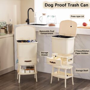 VECELO Kitchen Trash Can with Lid, Garbage Bin with Push Button, Tissue Holders, Drawer, Storage Rack, Dog Proof Narrow Dual Compartment Waste Basket for Bathroom/Bedroom/Living Room/Office, White