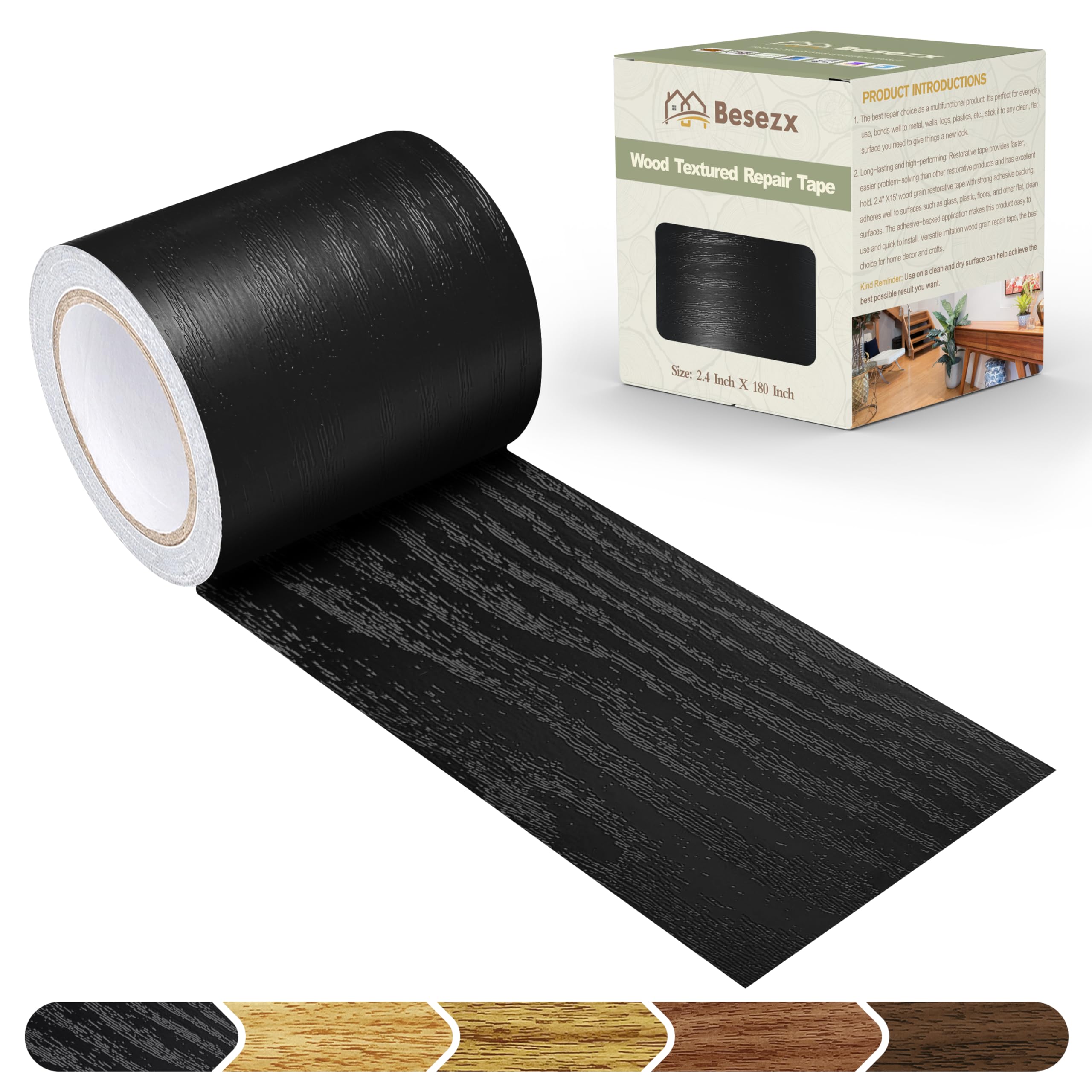 Besezx Wood Grain Tape, 2.4" X15', Self Adhesive Wood Grain Repair Patch for Tables, Chairs, DIY,Baseboards, Doors, Windows, Floors and Furniture Renovation.（Black）