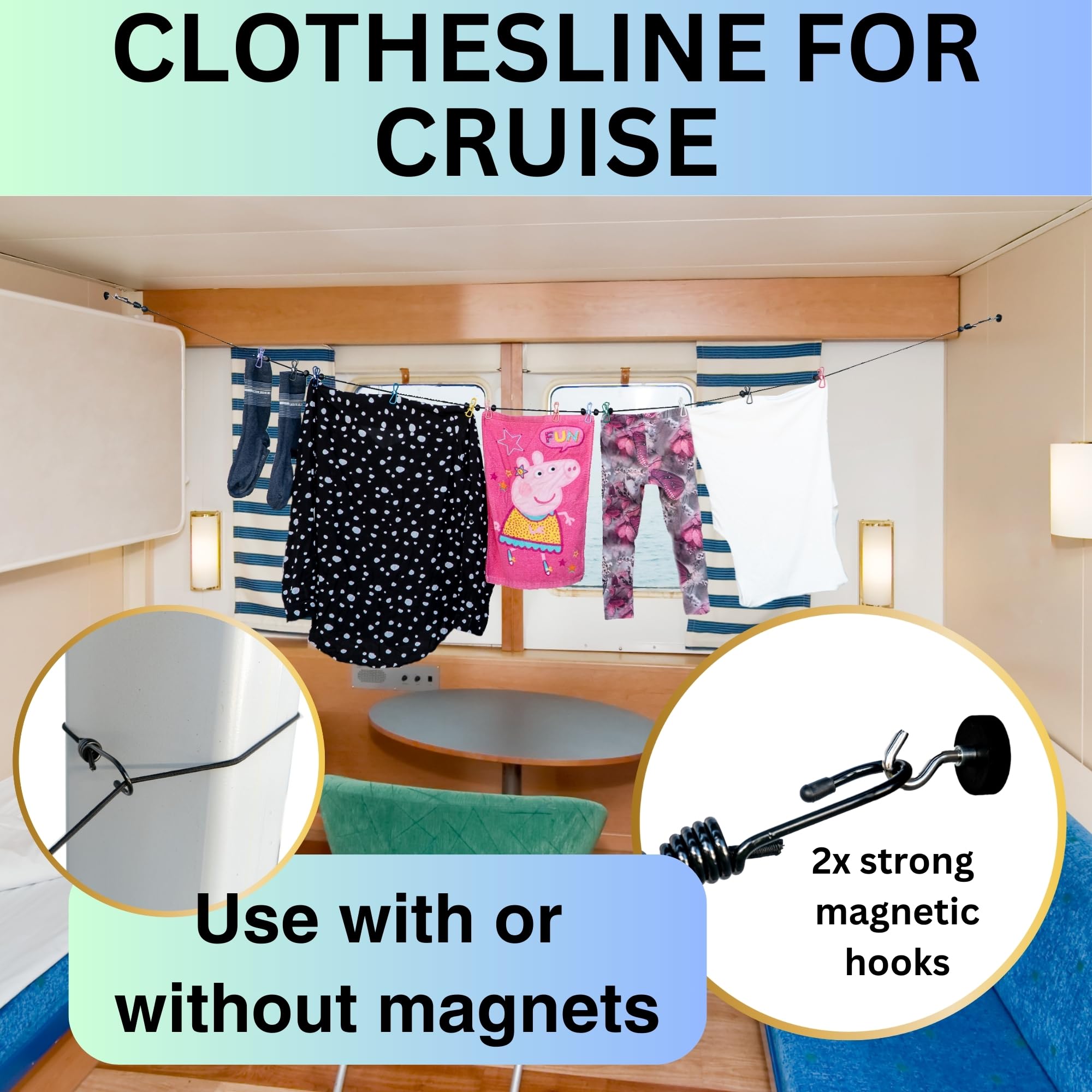 Magnetic Clothesline for Cruise Ship Cabin Approved - Strong Rubber Coated Non-Scratch Magnets, Travel Clothesline for Cruise Ship