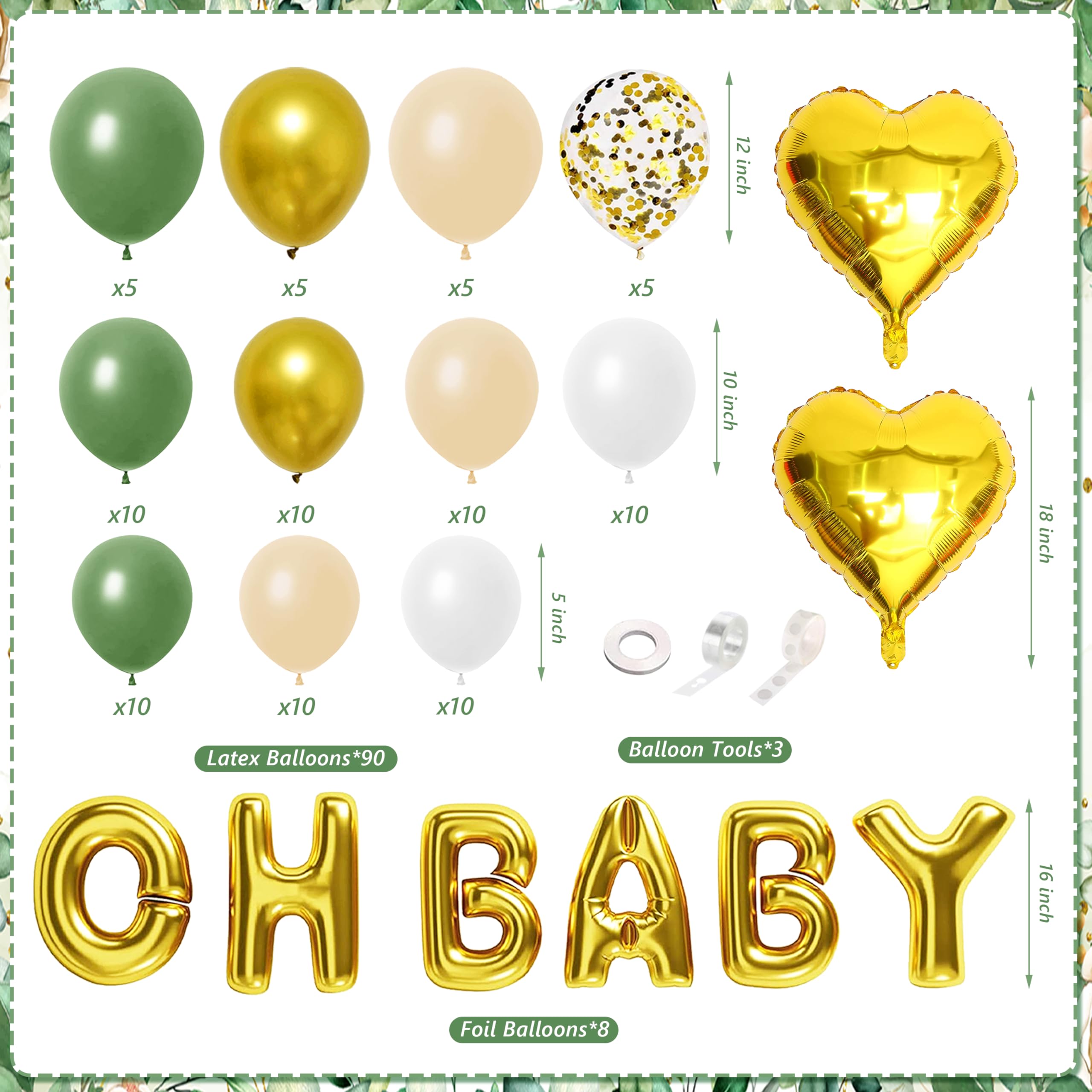 Gender Neutral Sage Green Baby Shower Decoration for Boy Girl Gender Reveal Safari Baby Shower Decor Supplies Baby Box with Letters Oh Baby Backdrop Tablecloth Balloon Garland Arch Kit (01)