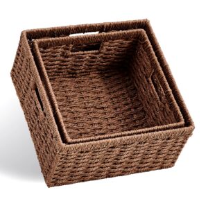 lgenhoom wicker storage basket with built-in handles, paper rope basket for organizing, hand woven storage baskets, set of 2, large and small, brown