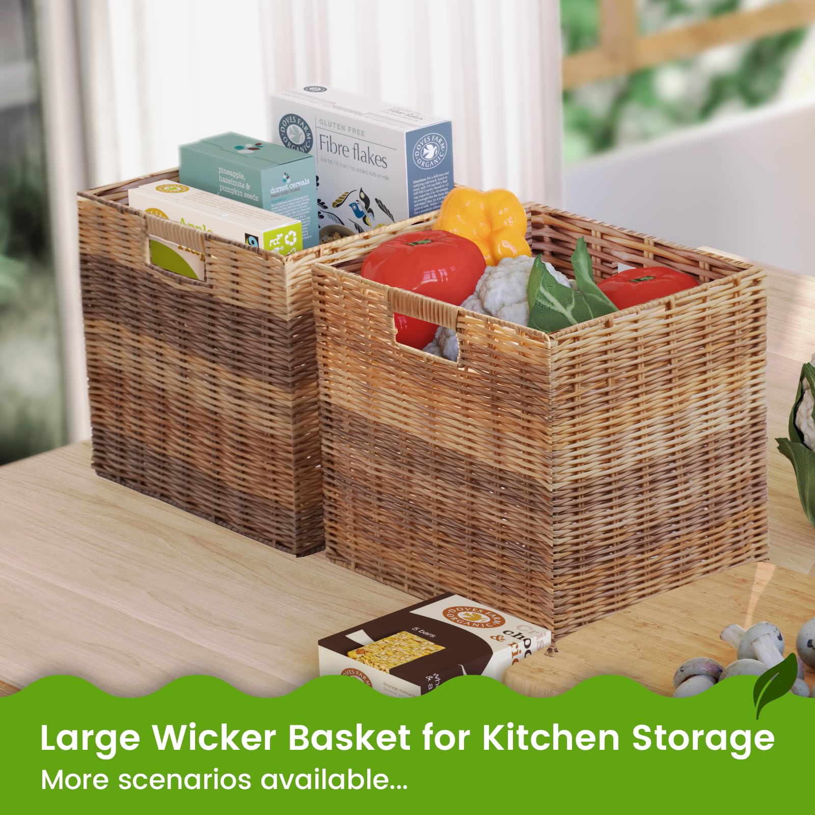 Wicker Storage Baskets 2-Pack, 12.6in Cube Storage Bins, large Woven Baskets for Shelves, Waterproof Wicker Baskets Foldable Organizer for Laundry Room, Bedroom, Living Room, Nursery Room, Set of 2