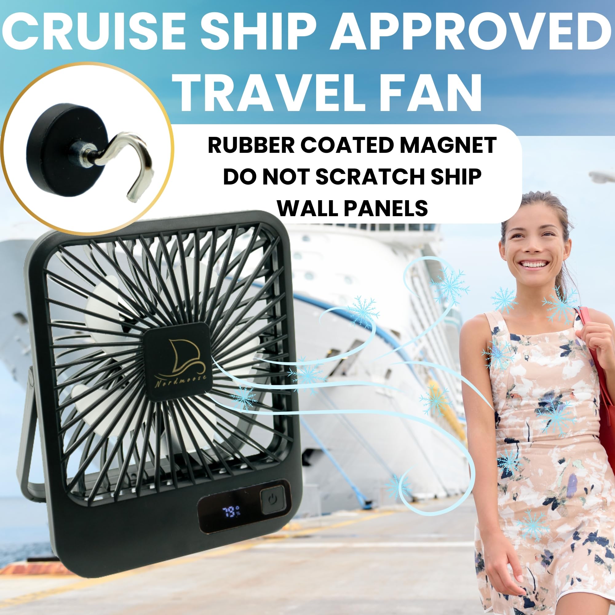 Fan for Cruise Ship Cabin Approved with Magnetic Hook - Fan with Magnetic Base Hook, USB Rechargeable - Battery Powered Portable Travel Fan for Cruise, Travel Fan for Sleeping, The Original Cruise Fan