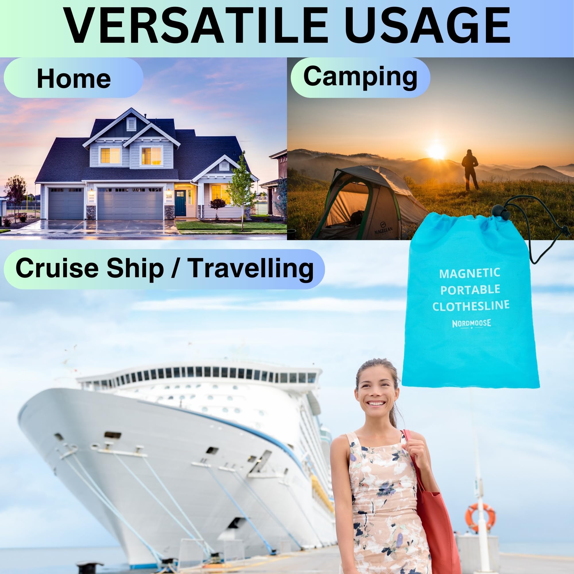 Magnetic Clothesline for Cruise Ship Cabin Approved - Strong Rubber Coated Non-Scratch Magnets, Travel Clothesline for Cruise Ship