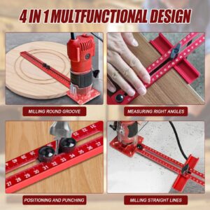 HSOKEW 4 in 1 Router Milling Groove Bracket, with Automatic Center Punch-Router, Quick Milling Round Grooves/Cut Round Block/Engrave Round Center/Measure Right Angle (Metric)