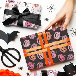 JarThenaAMCS 8 Sheet Halloween Little Boo Wrapping Paper -Not Roll- Pumpkin Ghost Gift Wrap Paper Folded Flat Art Paper for DIY Crafts Birthday Party Supplies, 19.7 x 27.6 Inch