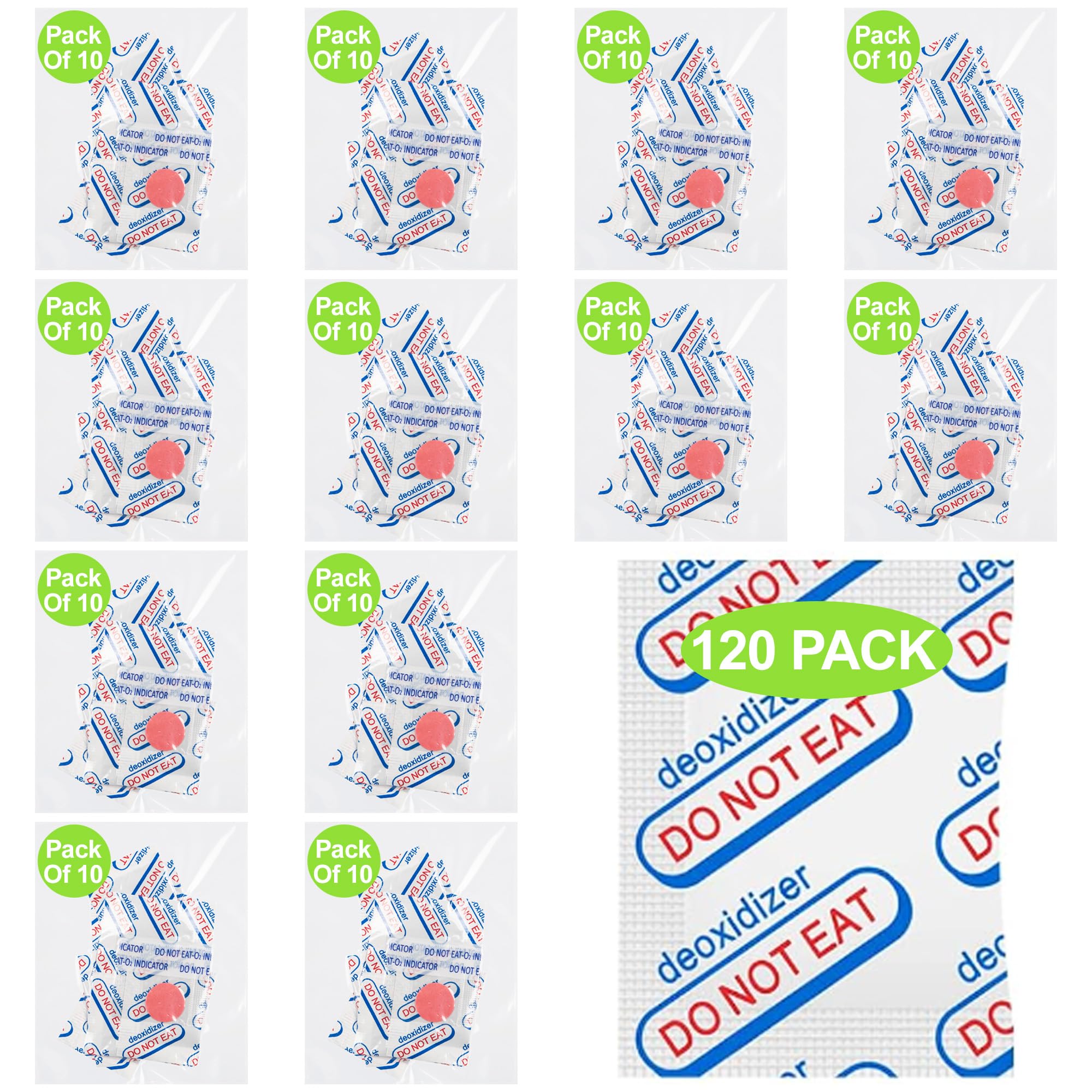 100cc Oxygen Absorbers for Food Storage - 120 Packs(12 x Packs of 10), Food Grade Oxygen Absorbers for Food Storage with Oxygen Indicator, Applicable to Mylar Bags, Mason Jars, and Vacuum Bags