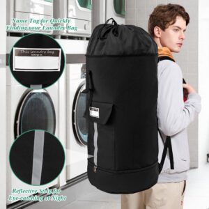 LUCKIPLUS Backpack Laundry Bag, Extra Large Laundry Hamper Bag with Shoe Compartment & 3 Pockets Black Sturdy Hanging Laundry Travel Bag with Straps College Dorm Room Essentials for Camp Apartment