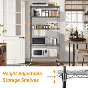 Storage Shelves 75"H Wire Shelving Unit with Wheels 1750LBS Heavy Duty Metal Shelves for Storage Adjustable 5-Tier Garage Storage Rack Kitchen Pantry Shelves Rolling Shelf on Casters, 14"D x36"W x75"H