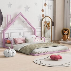 kamsly favsh full size metal floor bed with chimney house-shaped headboard,solid wood structure bedroom bed frame w/handrail,easy assembly,for kids,boys,girls,pink