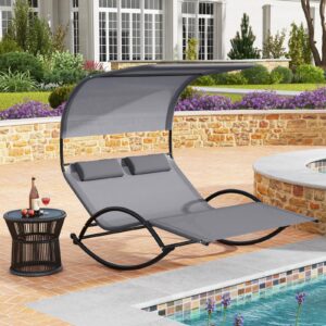 HAPPYGRILL Outdoor Chaise Lounge Rocker, 2-Person Rocking Daybed Sun Lounger with Sun Shade Canopy & Headrest Pillows, Hammock Bed Loveseat with Heavy-Duty Metal Frame for Patio, Backyard, Poolside