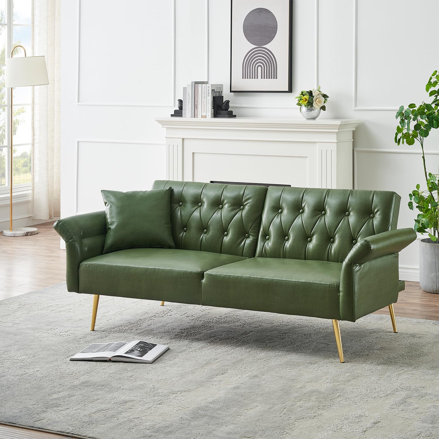 Modern PU Leather Futon Sofa Bed ,Convertible Upholstered Couch Bed Loveseat Sleeper, Folding Small Couches Loveseat, Reclining Sofa, Foldable Roll Arms with Pillow for Small Spaces (Green PU)