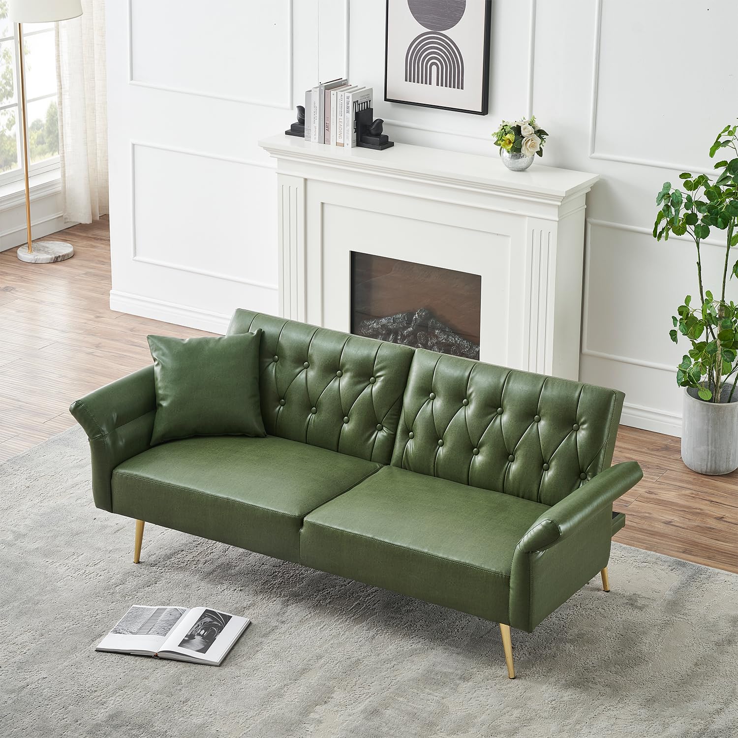 Modern PU Leather Futon Sofa Bed ,Convertible Upholstered Couch Bed Loveseat Sleeper, Folding Small Couches Loveseat, Reclining Sofa, Foldable Roll Arms with Pillow for Small Spaces (Green PU)