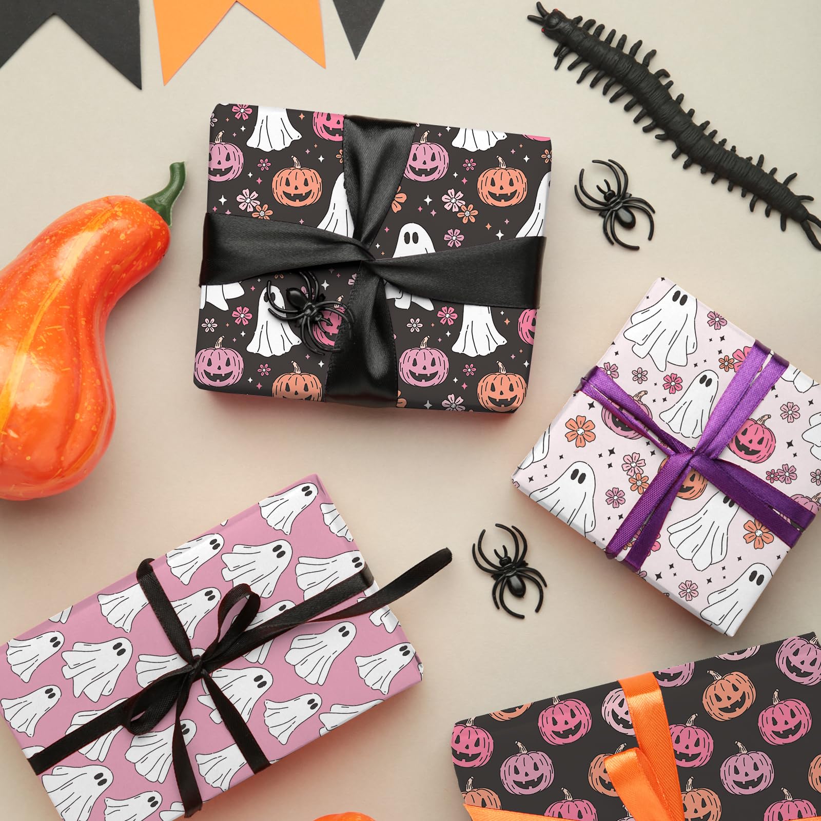 JarThenaAMCS 8 Sheet Halloween Little Boo Wrapping Paper -Not Roll- Pumpkin Ghost Gift Wrap Paper Folded Flat Art Paper for DIY Crafts Birthday Party Supplies, 19.7 x 27.6 Inch