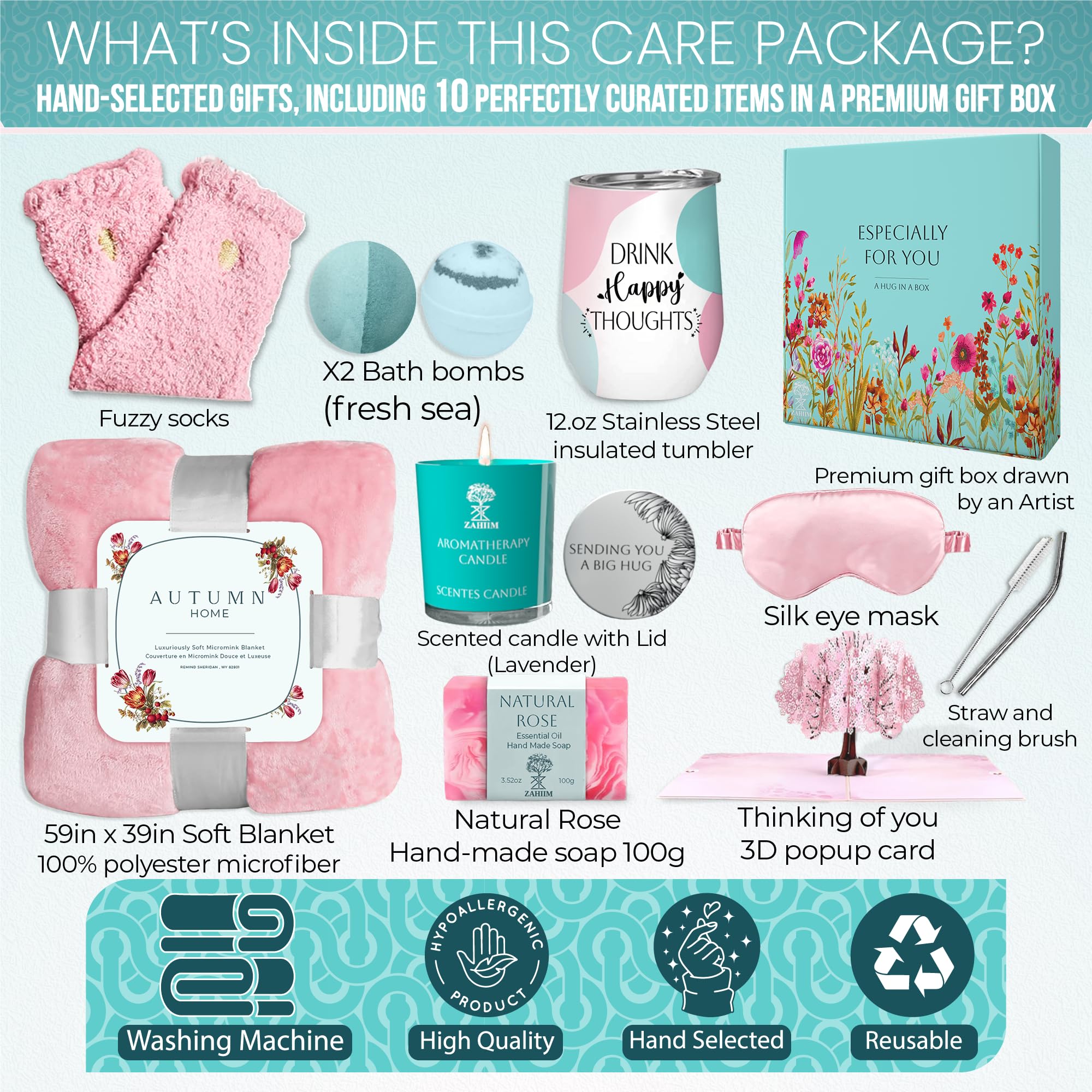 Comforting Get Well Soon Gift Baskets for Women -10pc Get Well Gifts for Women After Surgery, Thoughtfully Curated Thinking of You Self Care Package with Blanket, Tumbler, Eye Mask, Soap, Socks & More