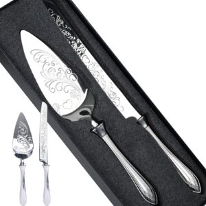 ksendalo cake knife and server set - deluxy sus304 stainless steel cutter & server for weddings, celebrations, birthdays & anniversaries(13.78inch long), silver